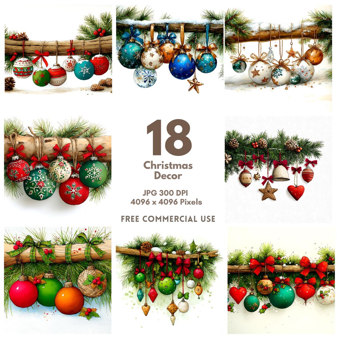 Christmas Decor Clipart: Watercolor Holiday Ornaments (JPG Digital ...