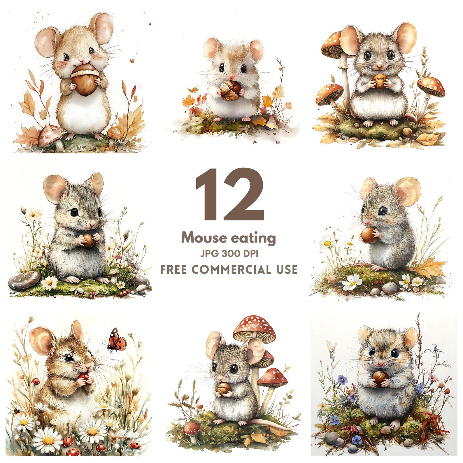 12 Mouse Eating Clipart, Cute Mouse, Printable Watercolor Clipart, High Quality Jpgs, Digital ...