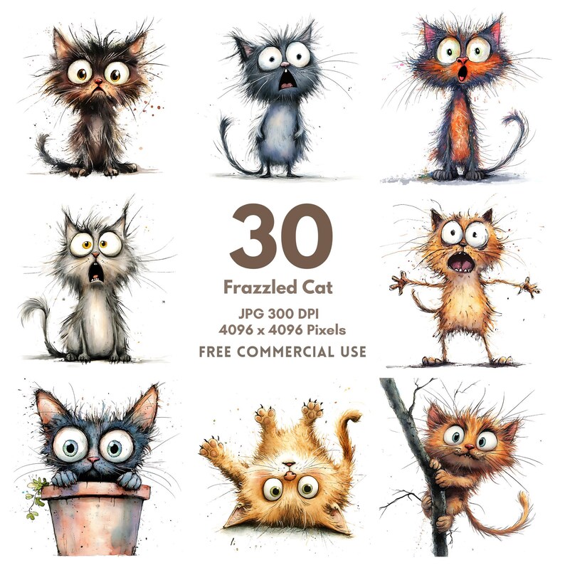 30 Frazzled Cat Clip Art, 20 High Quality Jpgs, Funny Cat, Watercolor ...