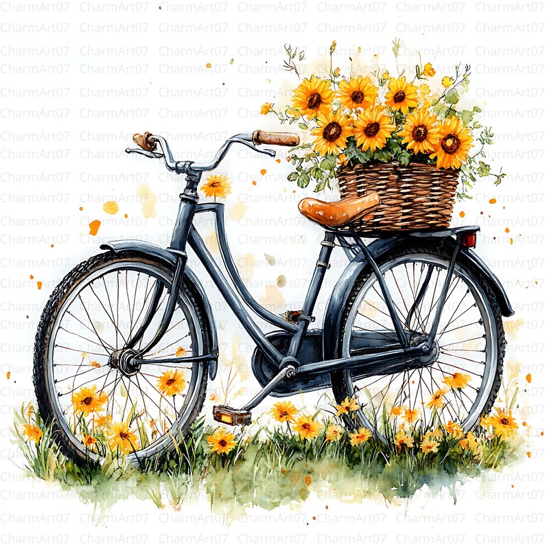 18 Vintage Floral Bicycle Clipart, Floral Bicycle, Printable Watercolor ...