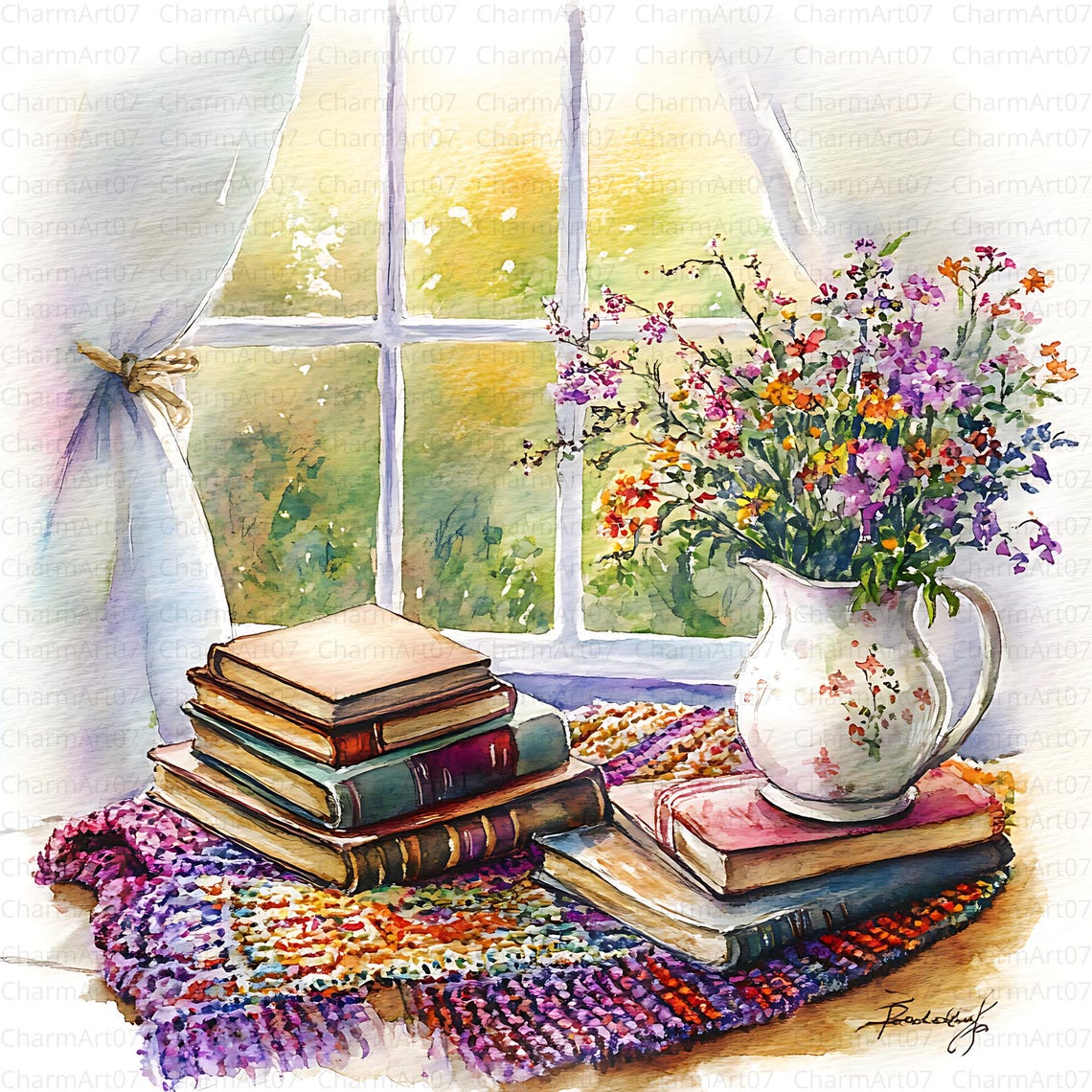 10 Floral Window With Books Clipart Bundle, High Quality Watercolor ...