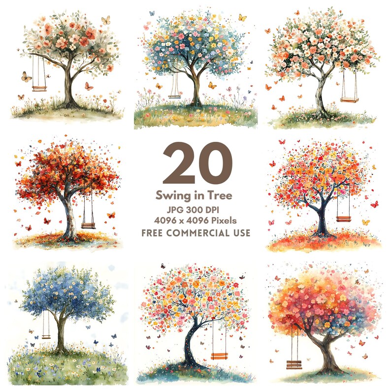 20 Swing in Tree Clipart , Floral Swing, Printable Watercolor Clipart ...
