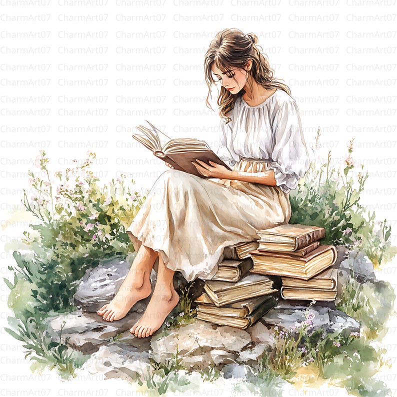 25 Book Lover Clipart, Watercolor Girl Reading on Books, Literary Art ...
