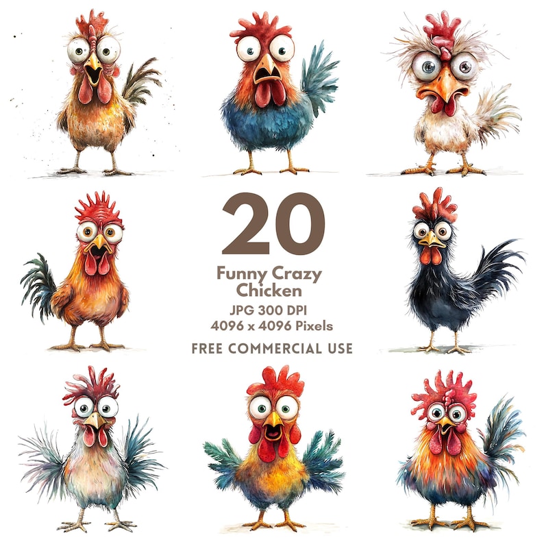20 Funny Crazy Chicken, Quirky Cartoon Rooster Clipart, High Quality ...