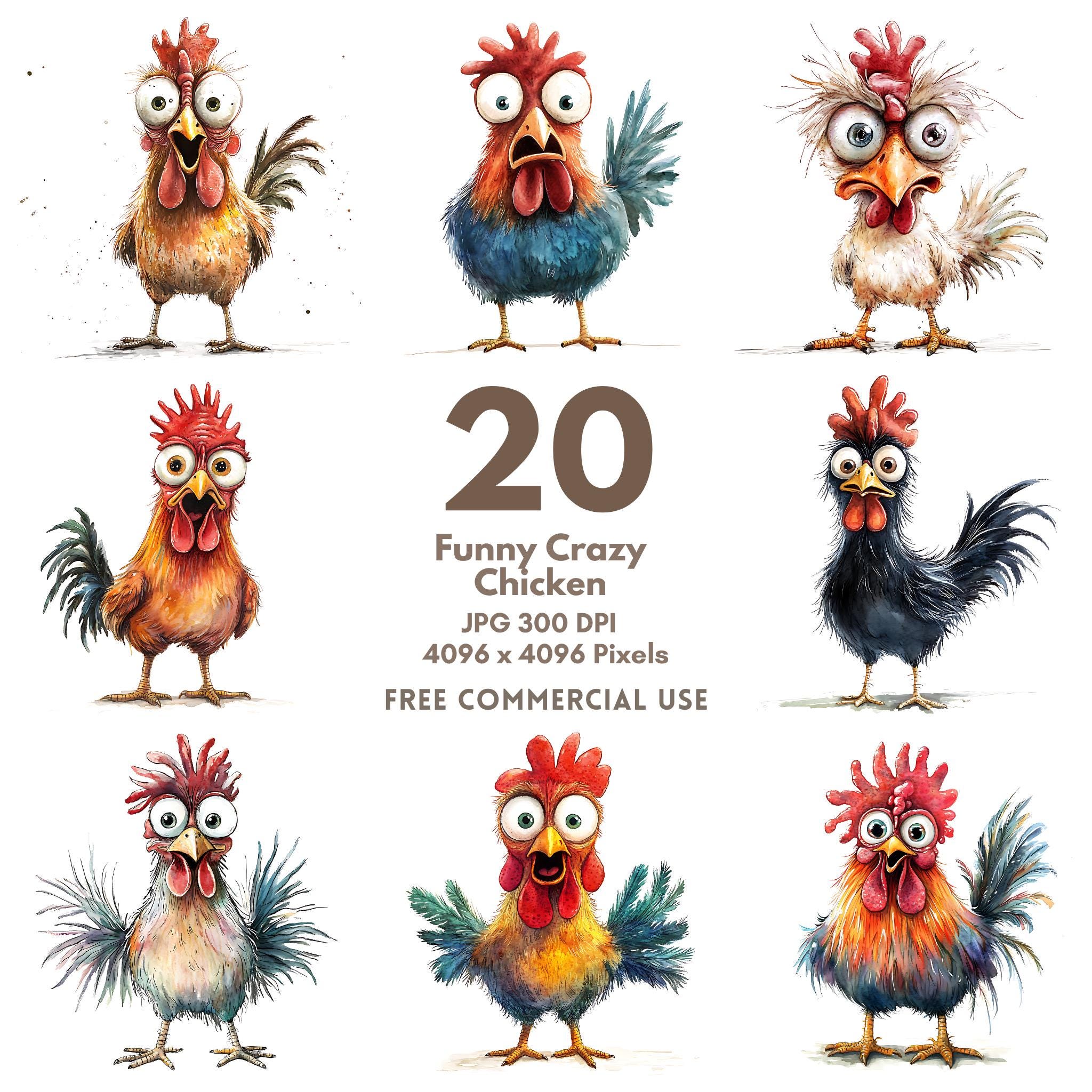 20 Whimsical Chickens Clipart, Funny Crazy Chicken, Quirky Cartoon ...