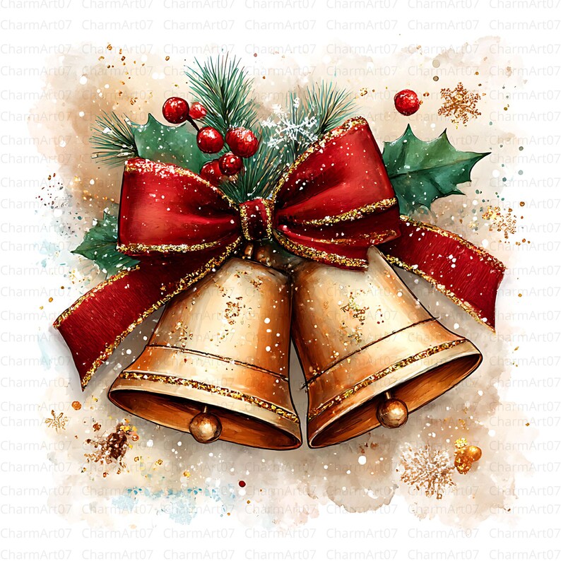 Watercolor Christmas Bell Clipart: 24 Golden Jingle Bells (digital ...