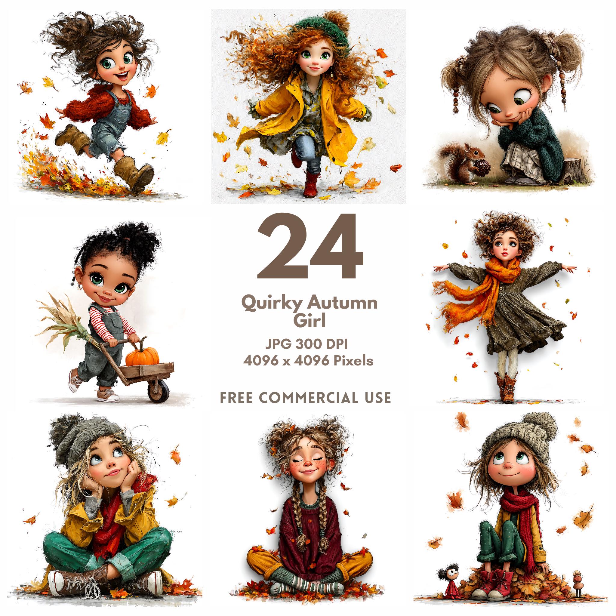Autumn Girl Clipart, Watercolor Fall Leaves, Whimsical Ephemera (jpgs ...