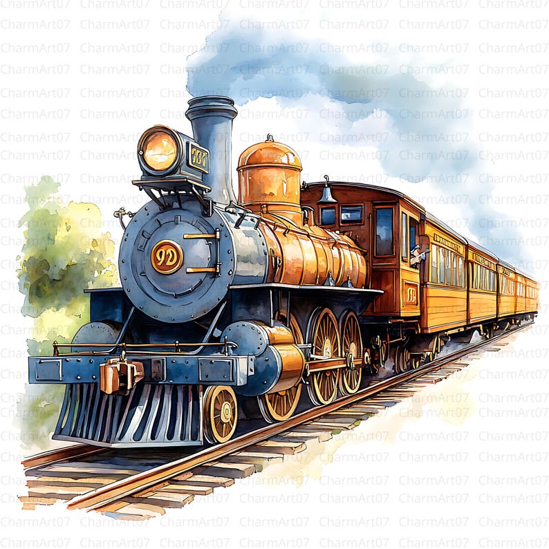 30 Locomotives Clipart, Antique Train, Steamtrain, Printable Watercolor ...