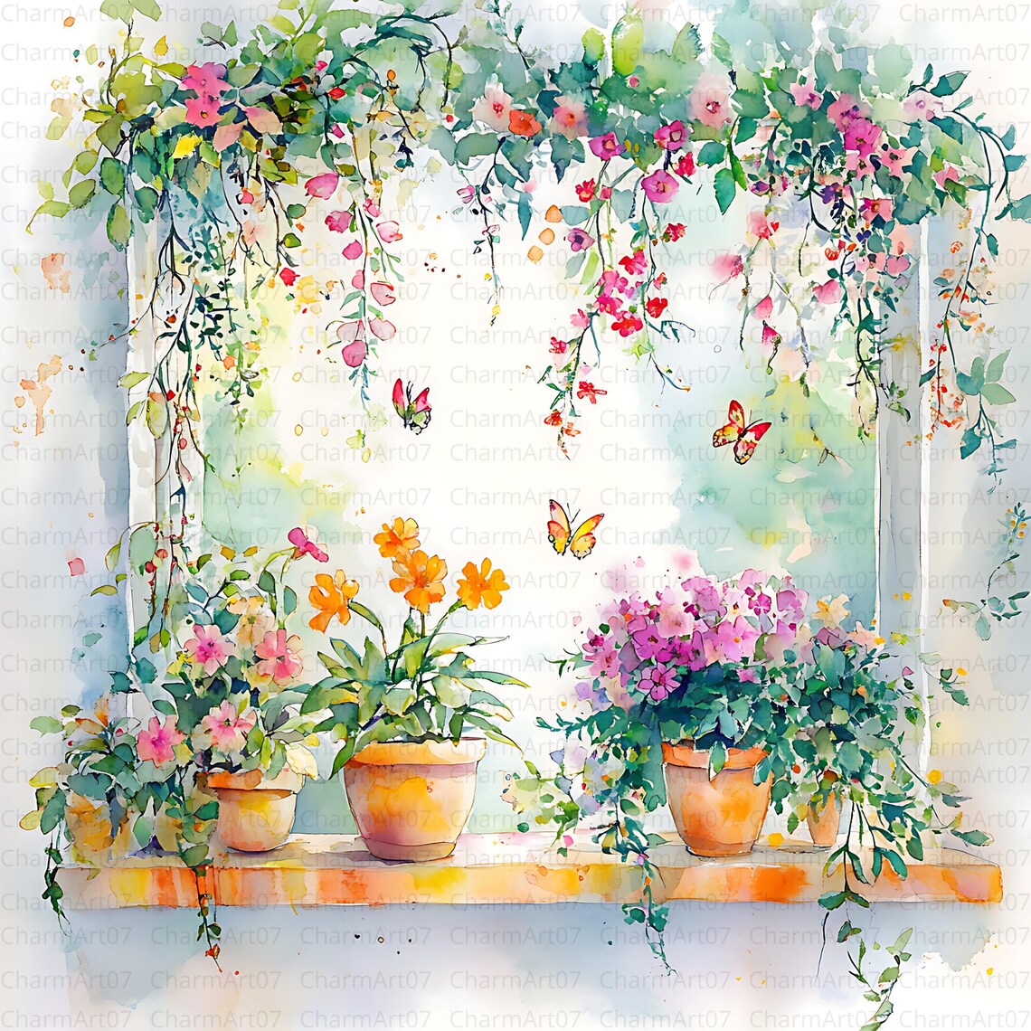 20 Spring Flowers Windows Clipart, Flowerpots Clipart, Watercolor ...