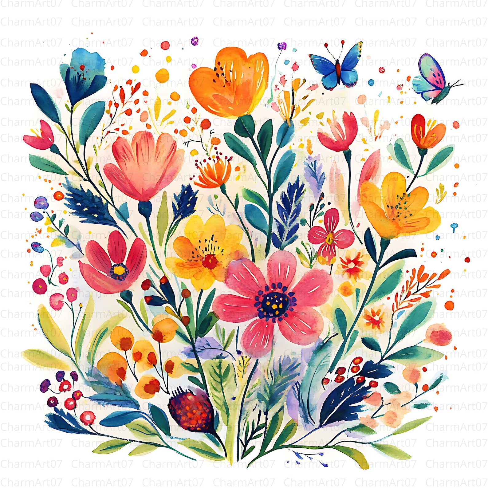 20 Cute Whimsical Flower Clipart, Row of Flowers Clipart, High Res JPG ...