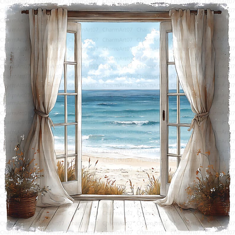 Seaside View Watercolor Print, Window to Ocean, Coastal Art (jpgs) - Etsy