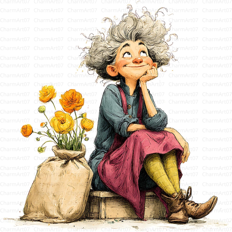 Quirky Grandma Clipart: Watercolor Flower Old Lady Art (JPG, Commercial ...
