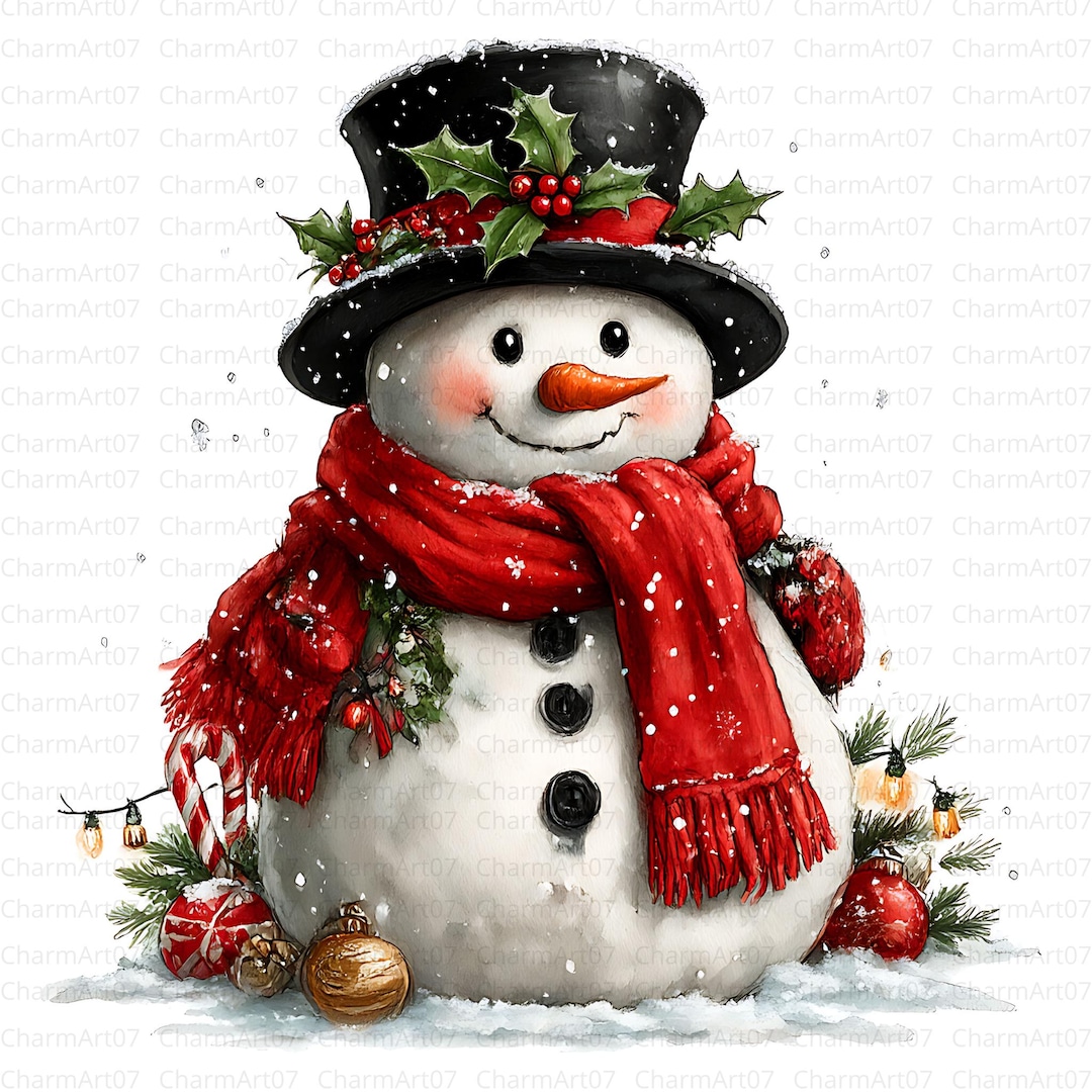 Vintage Watercolor Snowman Clipart, Christmas Card Art (JPG) - Etsy