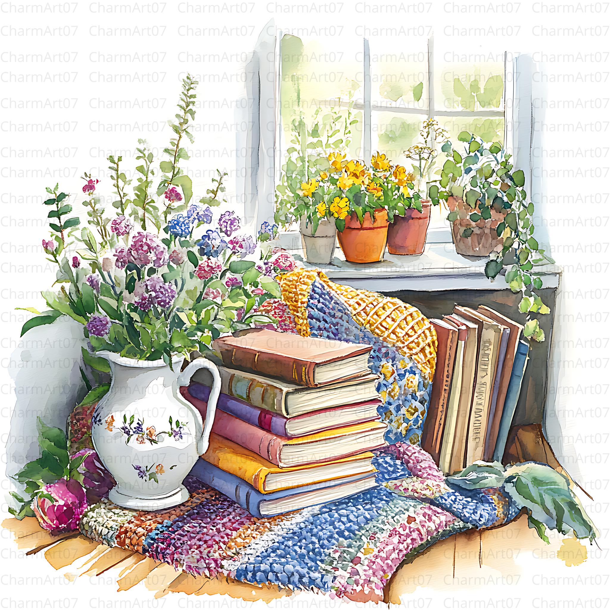 10 Floral Window With Books Clipart Bundle, High Quality Watercolor ...