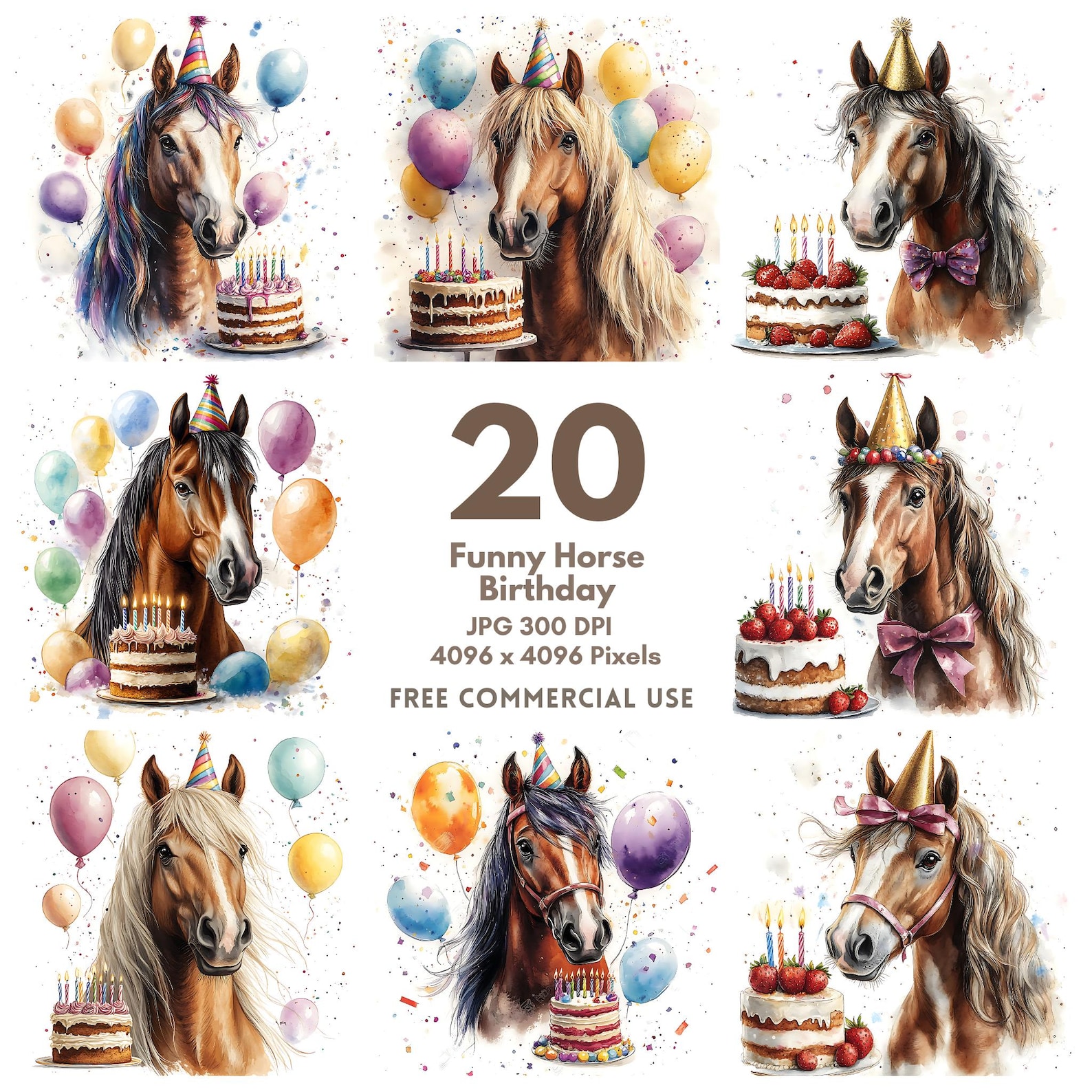 20 Funny Horse Birthday Clipart, Farm Animals Clipart, Quirky Horse ...