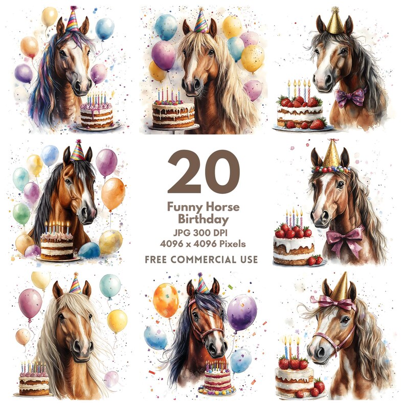 20 Funny Horse Birthday Clipart, Farm Animals Clipart, Quirky Horse ...