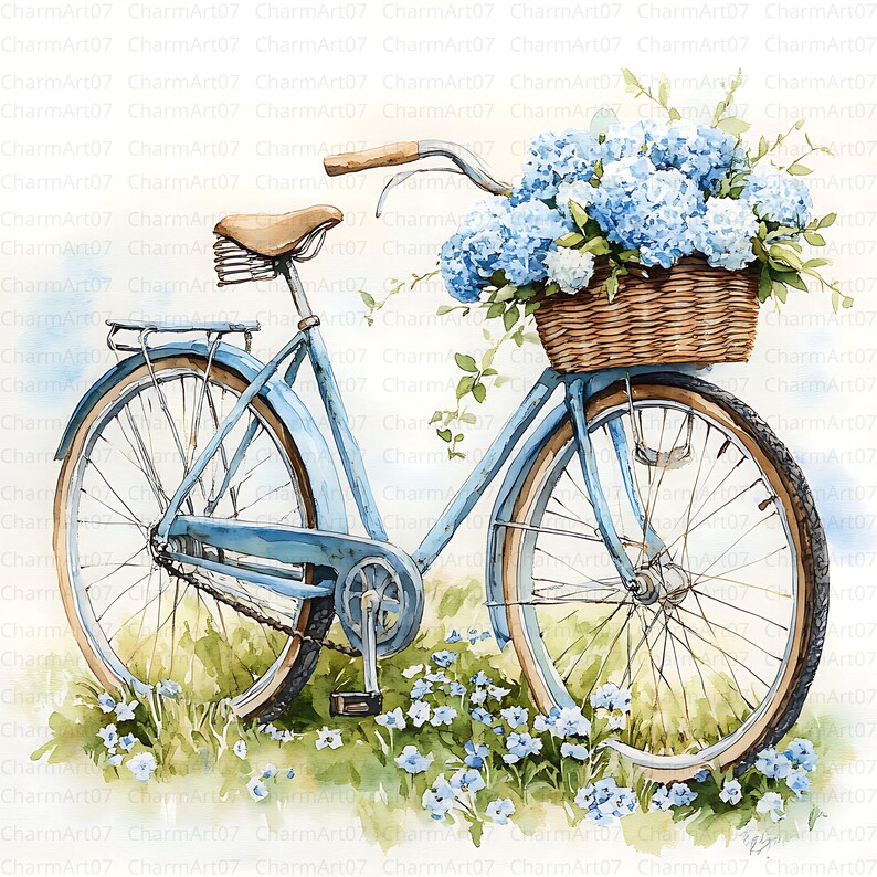18 Vintage Floral Bicycle Clipart, Floral Bicycle, Printable Watercolor ...