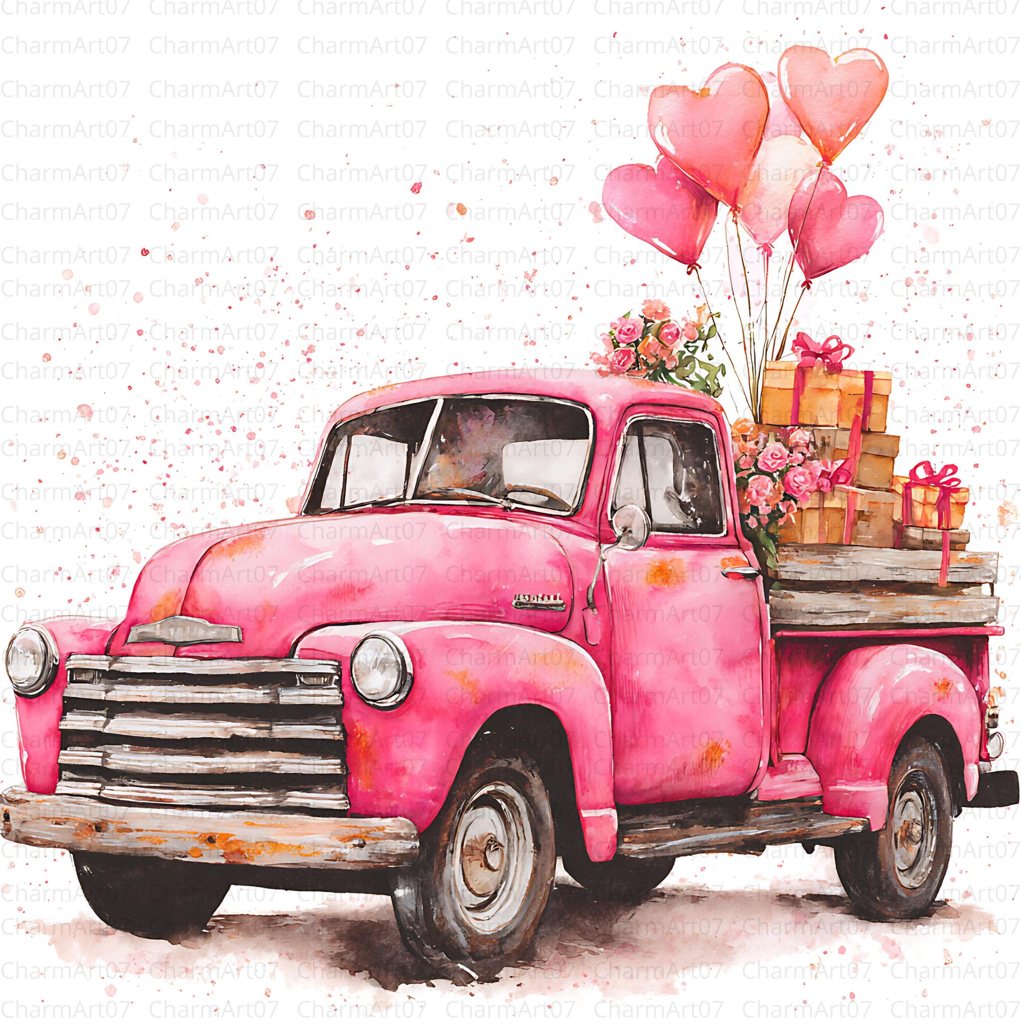 14 Valentine's Day Truck Clipart, Pink Vintage Truck, Valentine ...
