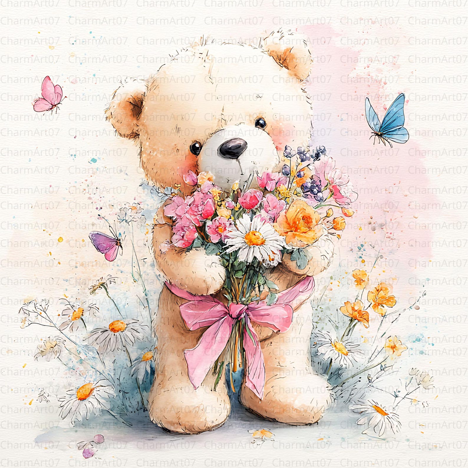 20 Watercolor Valentine Teddy Bear Clipart, Soft Pastel Love Bears ...