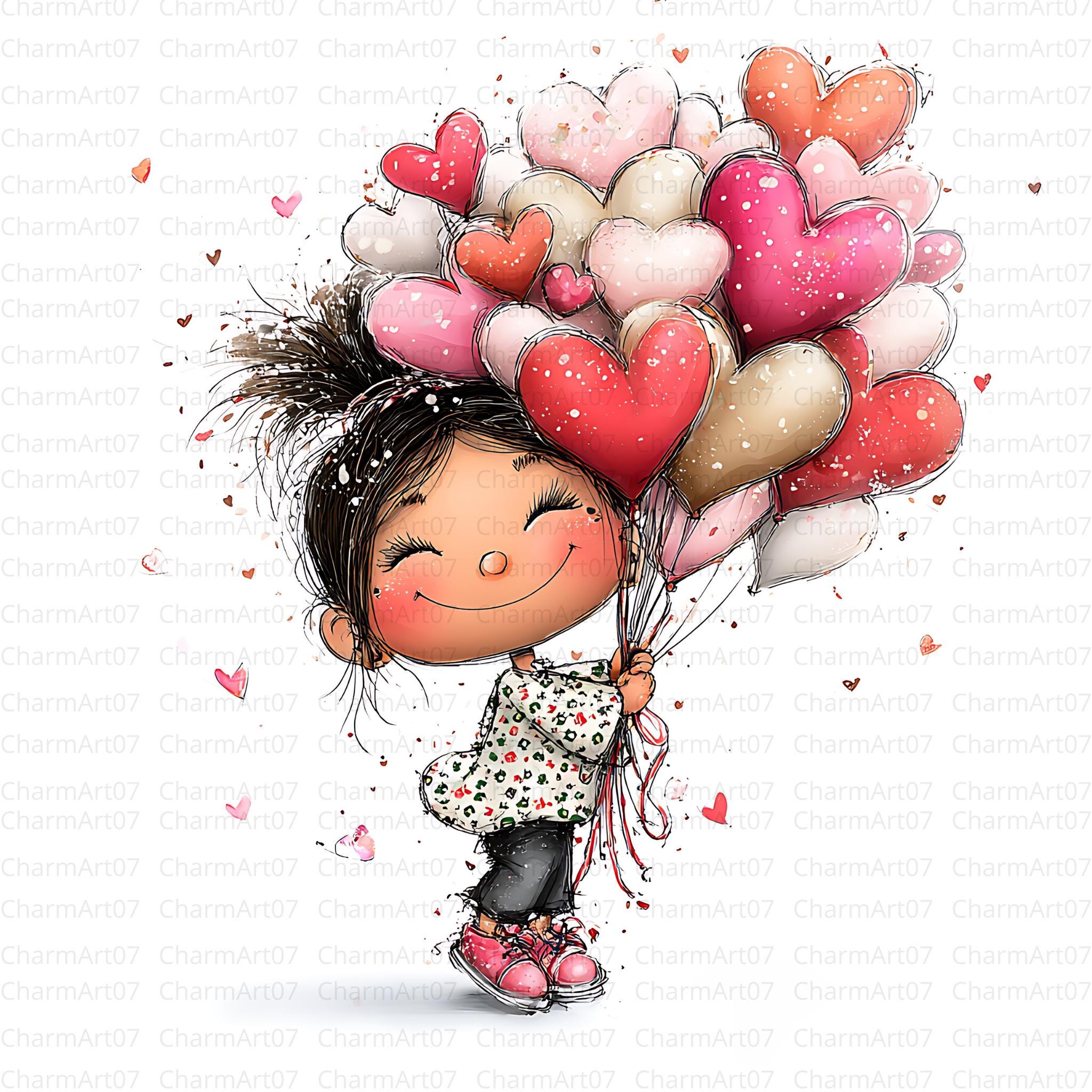18 Quirky Valentine Day Girl Clipart – Watercolor Love JPG Set (digital ...
