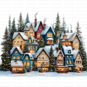 Christmas Village Clipart, Watercolor Holiday Art (digital Download) - Etsy