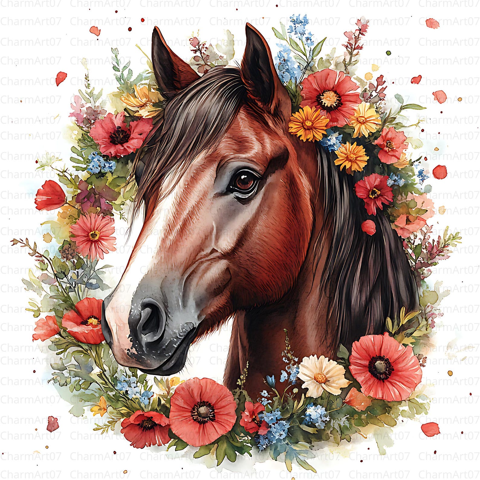 26 Floral Horse Face Clipart, Printable Watercolor Clipart, High ...