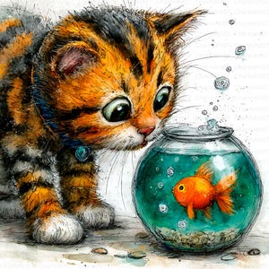 Whimsical Cat and Fish Clipart: Watercolor Kitten Art (digital Download ...