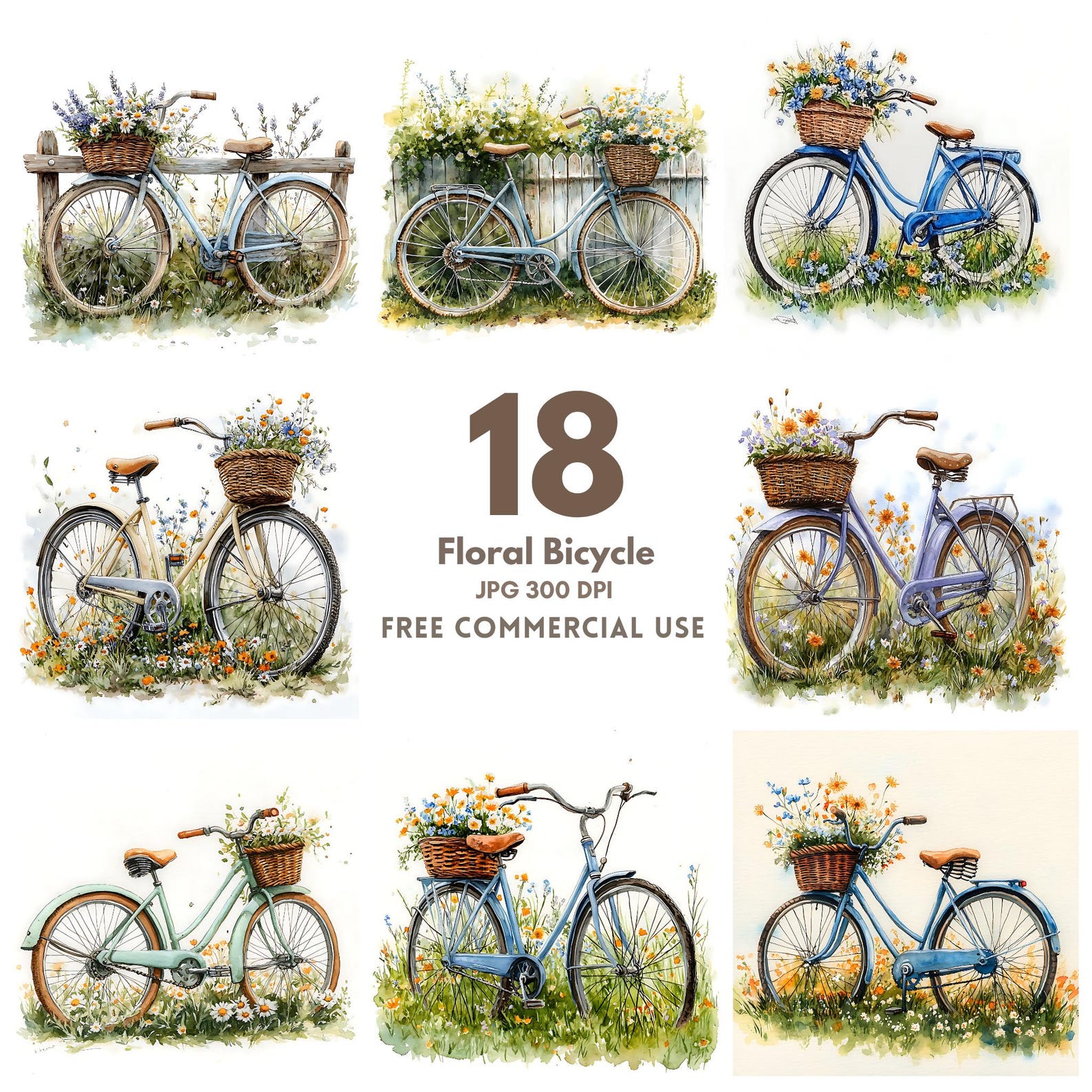 18 Vintage Floral Bicycle Clipart, Floral Bicycle, Printable Watercolor ...