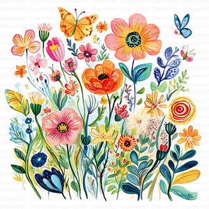 20 Cute Whimsical Flower Clipart, Row of Flowers Clipart, High Res JPG ...