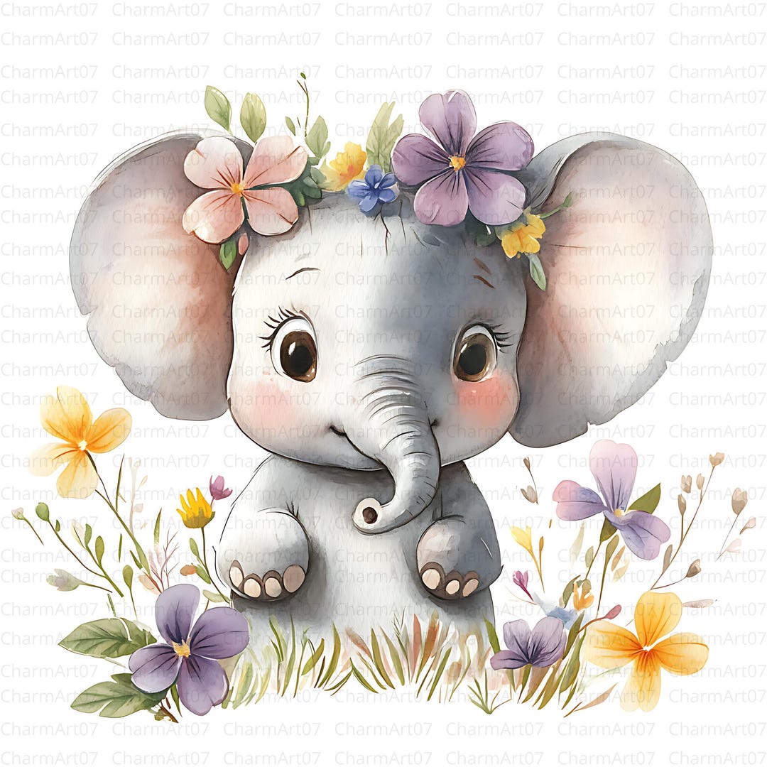 22 Baby Elephant Floral Clipart, Printable Watercolor Clipart, High ...