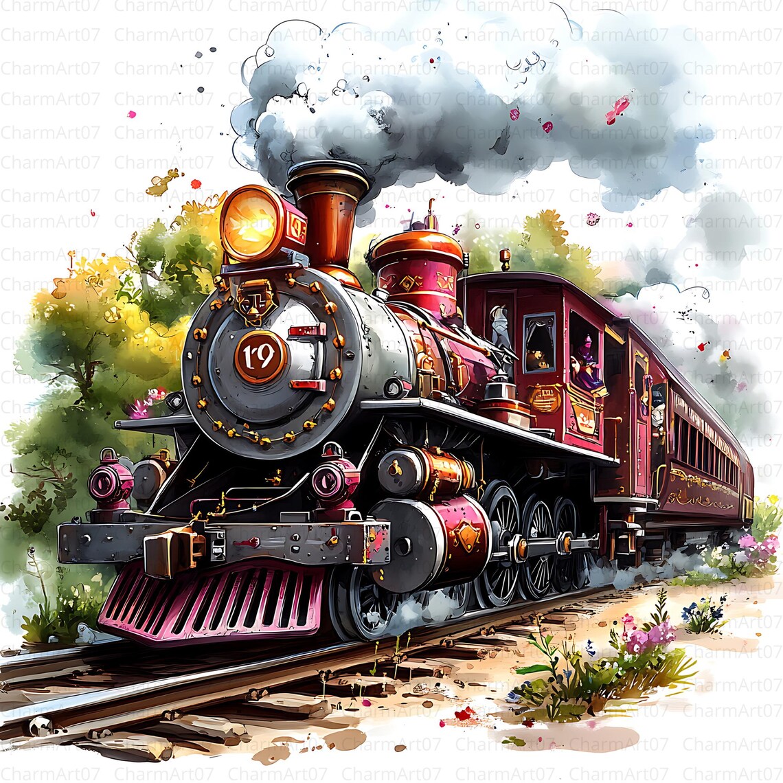 Watercolor Steam Train Clipart: Antique Locomotive JPG (digital ...