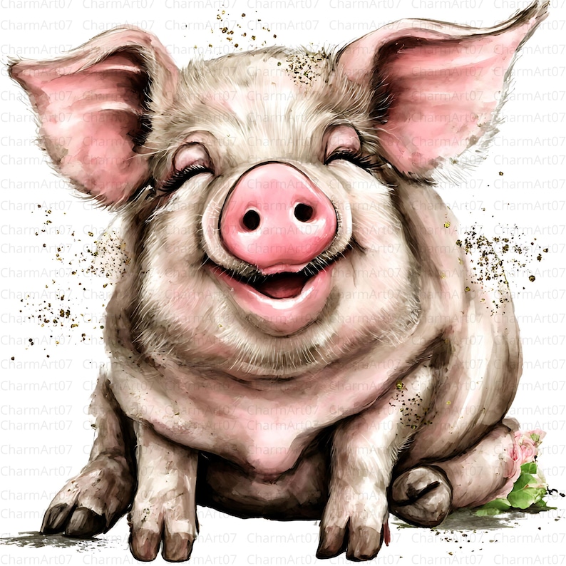 16 Funny Whimsical Piggy Clip Art, Quirky Pig With Flower Clipart, JPG ...
