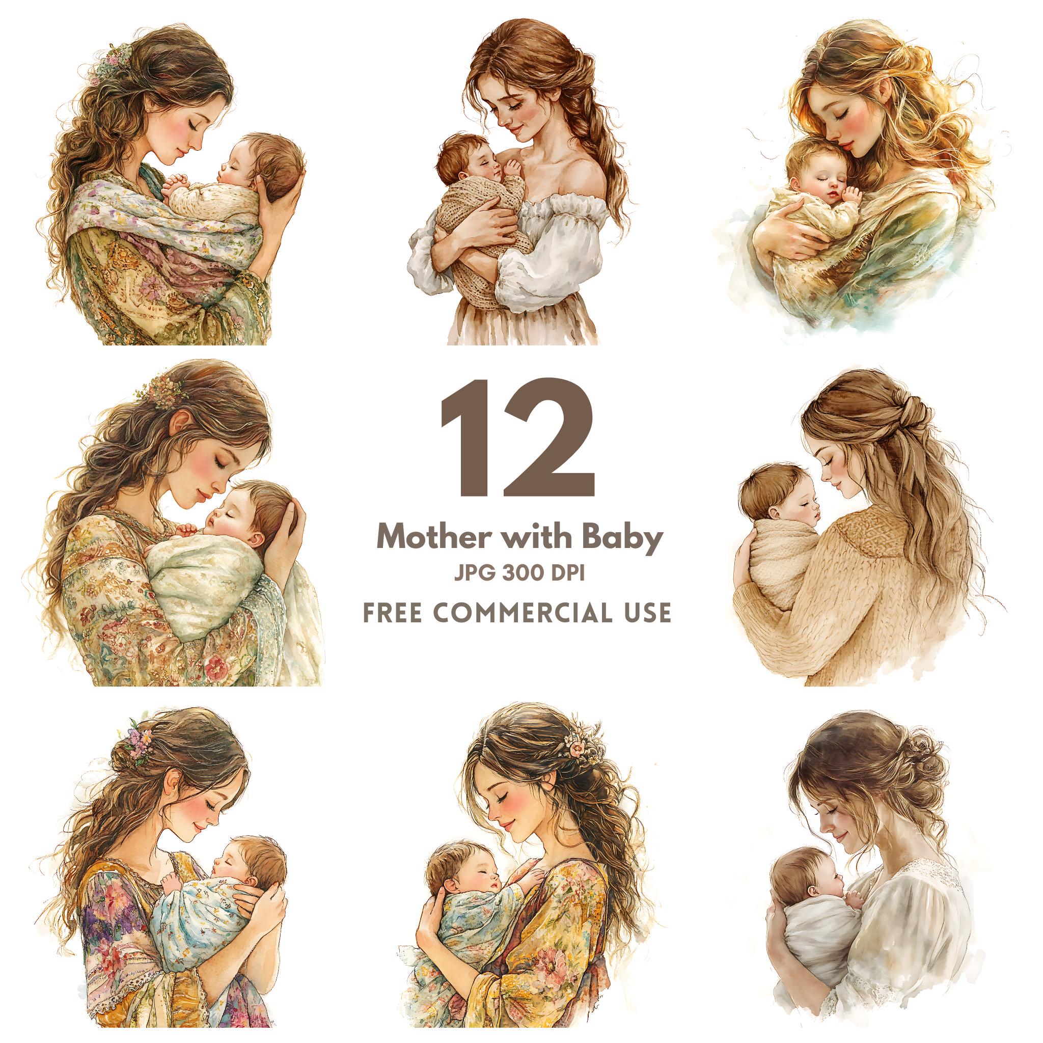 Mother and Baby Watercolor Clipart, Nursery Art Jpgs (digital Download ...