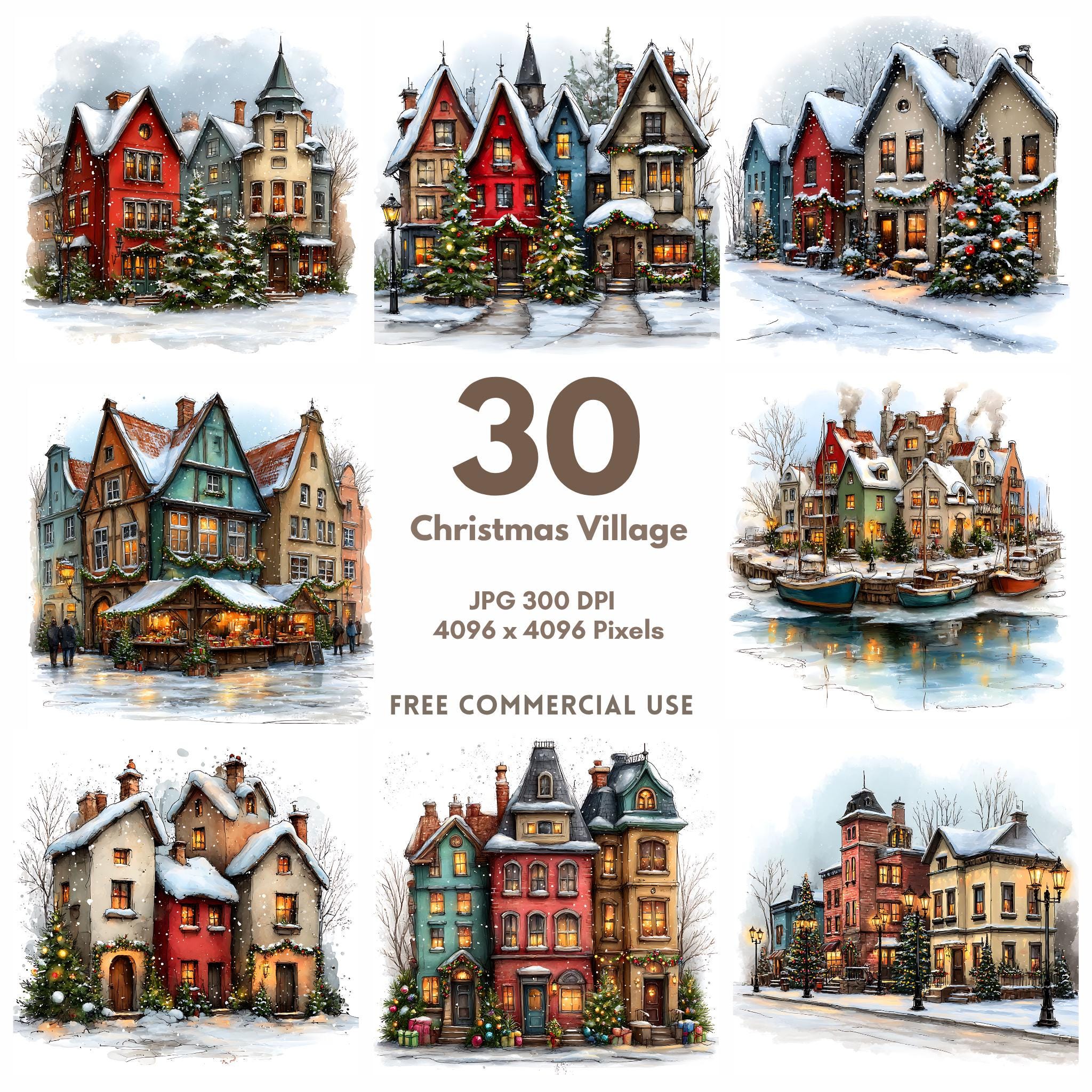 Christmas Village Clipart, Watercolor Holiday Art (digital Download) - Etsy