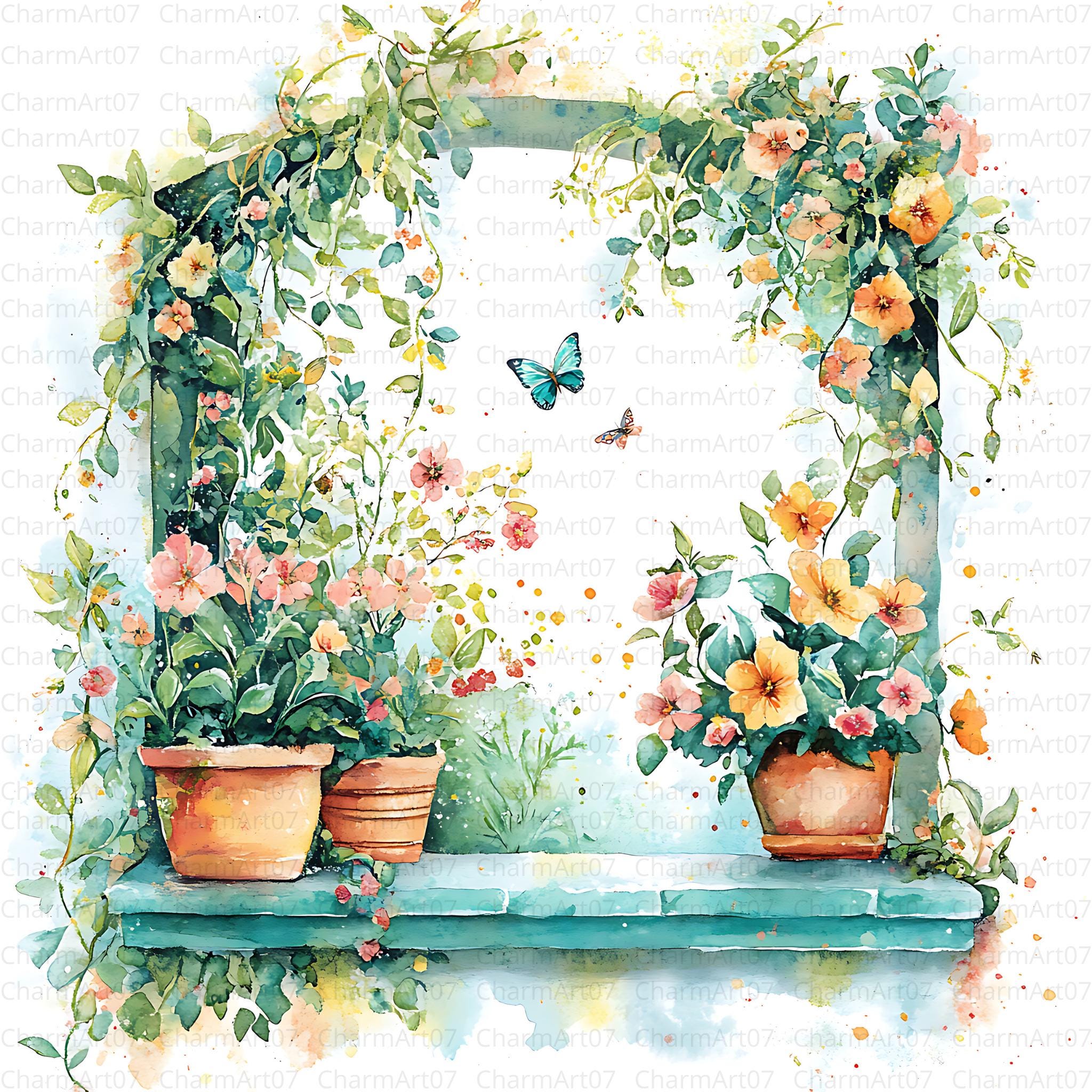 20 Spring Flowers Windows Clipart, Flowerpots Clipart, Watercolor ...