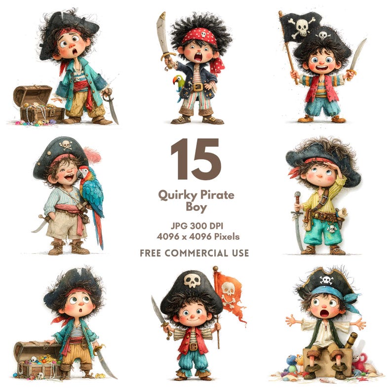 Watercolor Pirate Boy Clip Art: Whimsical Junk Journal Graphics (JPG ...