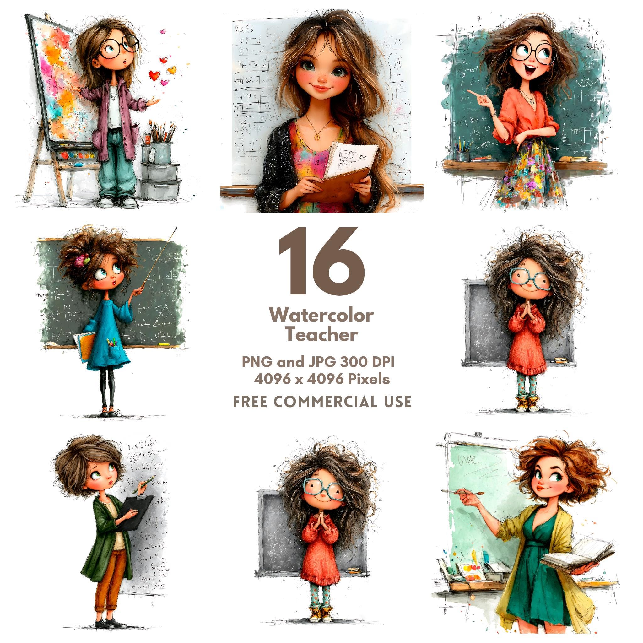 16 Watercolor Teacher Clipart: School Graphics (digital Download Pngs ...