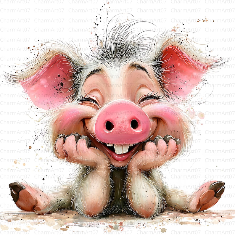 16 Funny Whimsical Piggy Clip Art, Quirky Pig With Flower Clipart, JPG ...