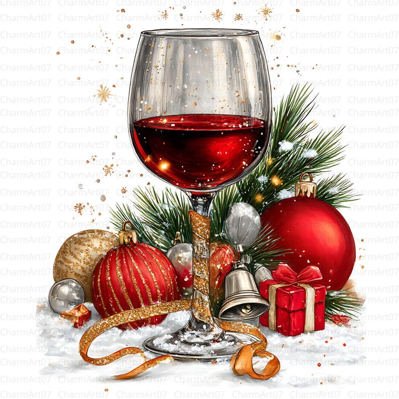 Christmas Wine Clipart, Festive Watercolor Art (JPG) - Etsy
