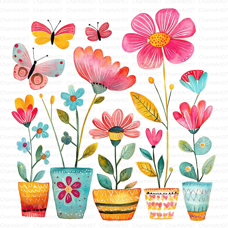 20 Cute Whimsical Flower Clipart, Row of Flowers Clipart, High Res JPG ...