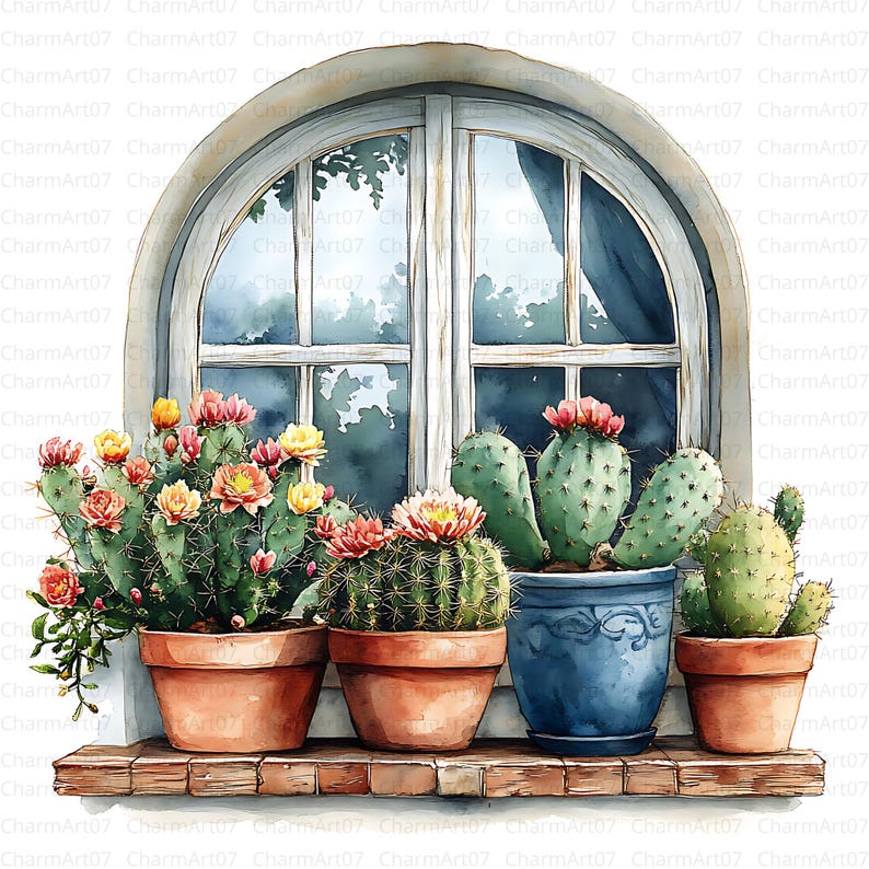 24 Potted Cactus Clipart , Flowerpots Clipart, Watercolor Clipart, High ...