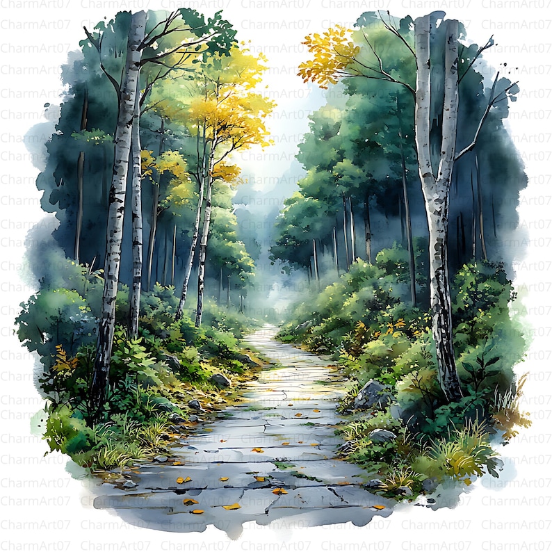 Watercolor Forest Trail Clipart: Landscape Illustrations (JPG Download ...