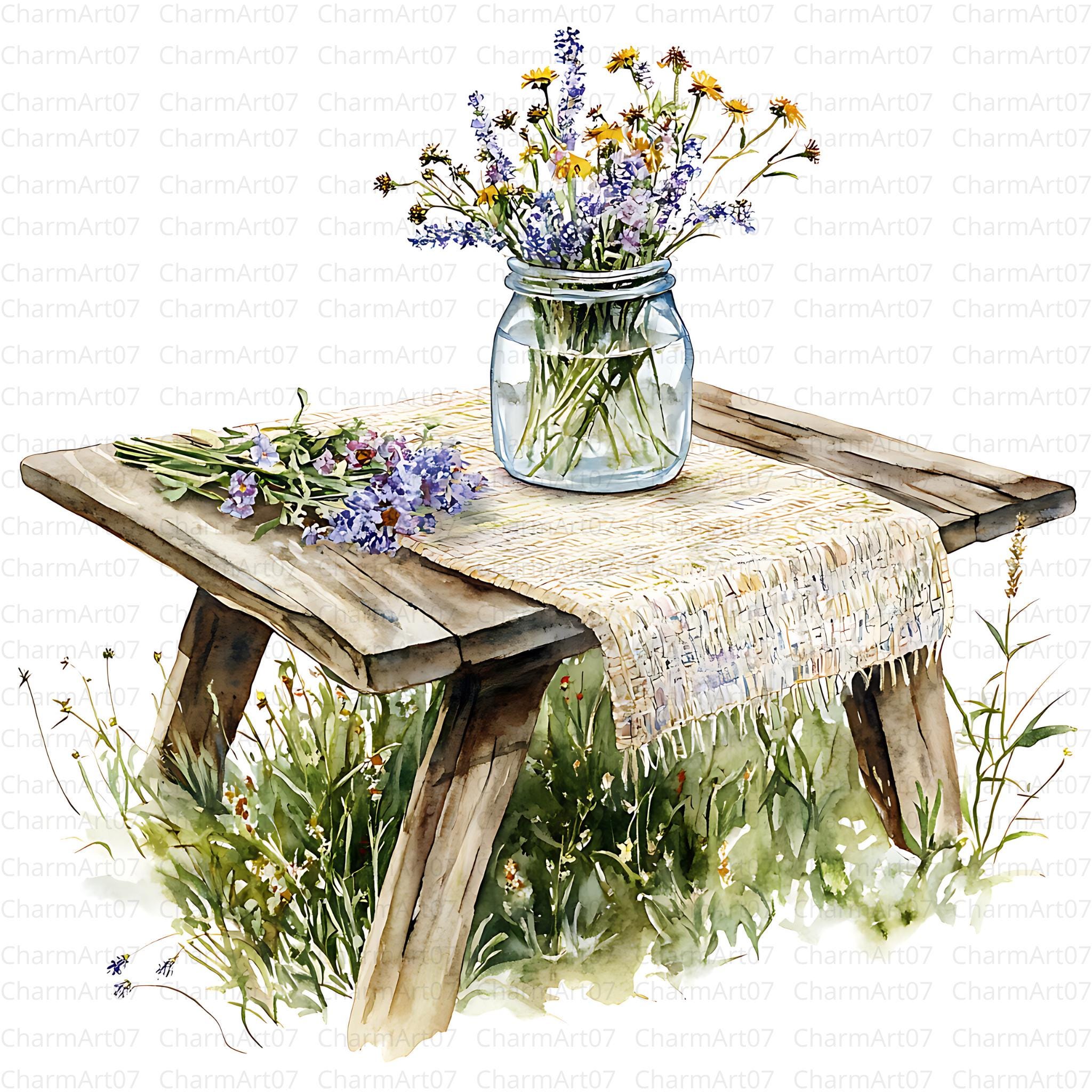 13 Wooden Country Table Clipart Bundle- High Quality Watercolor Jpgs ...