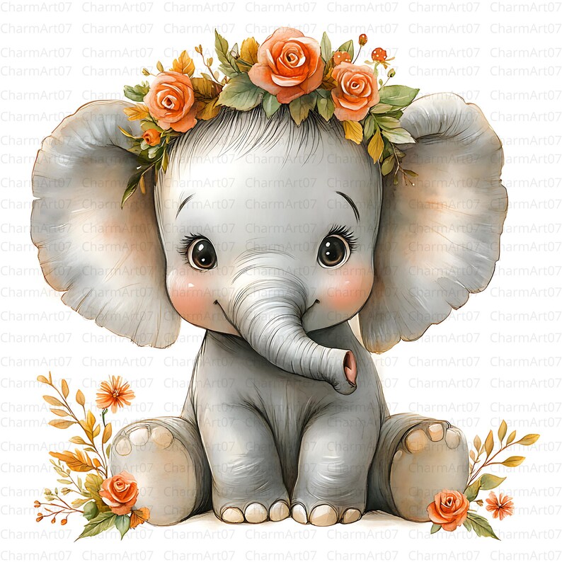 22 Baby Elephant Floral Clipart, Printable Watercolor Clipart, High ...