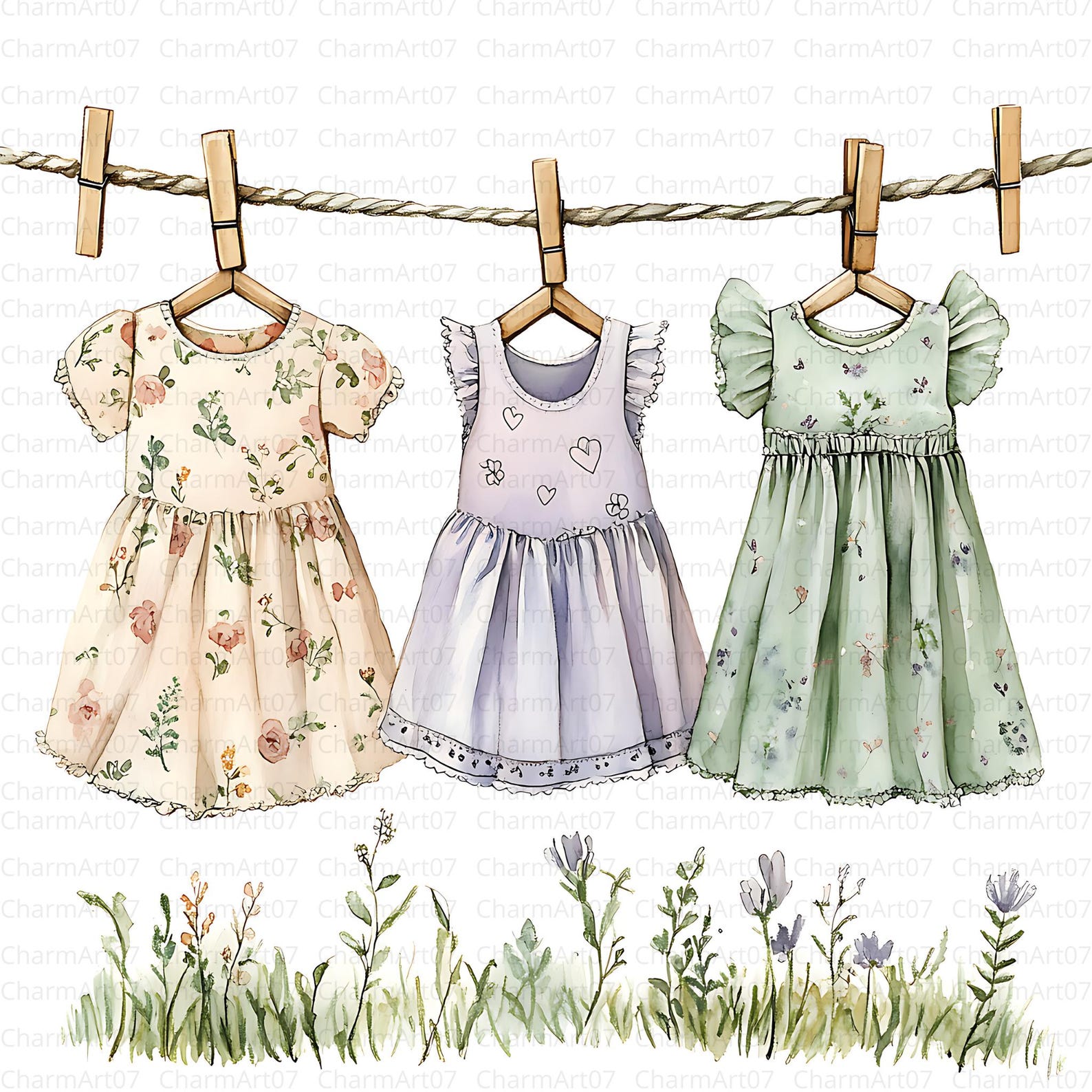 30 Baby Clothes Line Clipart Watercolor, Newborn Clothesline Clipart ...