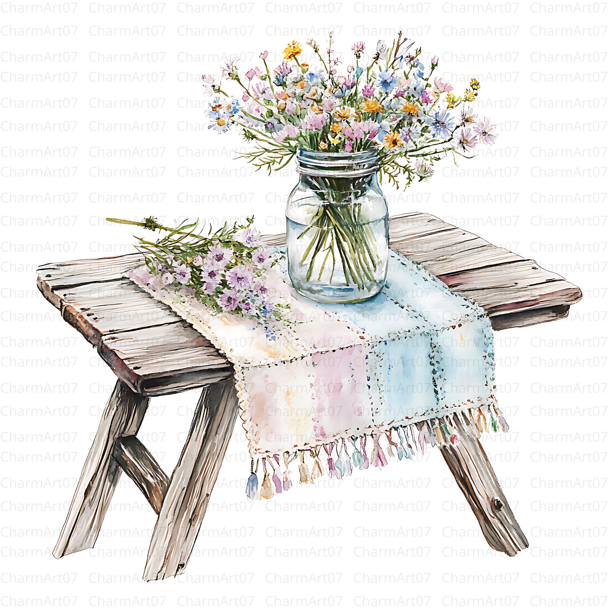 13 Wooden Country Table Clipart Bundle- High Quality Watercolor Jpgs ...