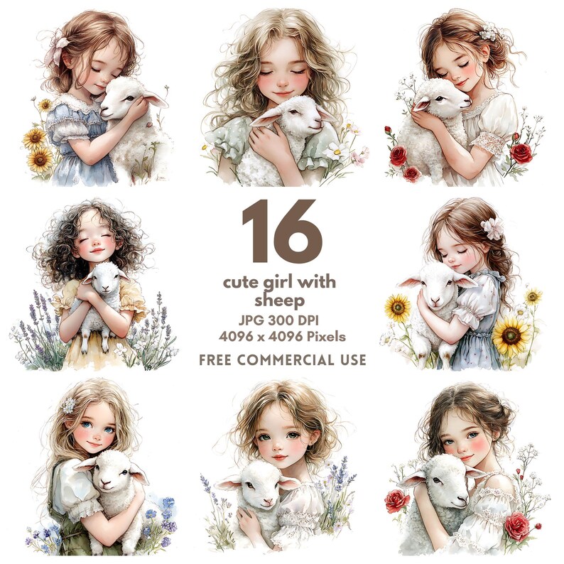 16 Cute Girl With Sheep, Lamb Watercolor High Quality JPG, Printable ...