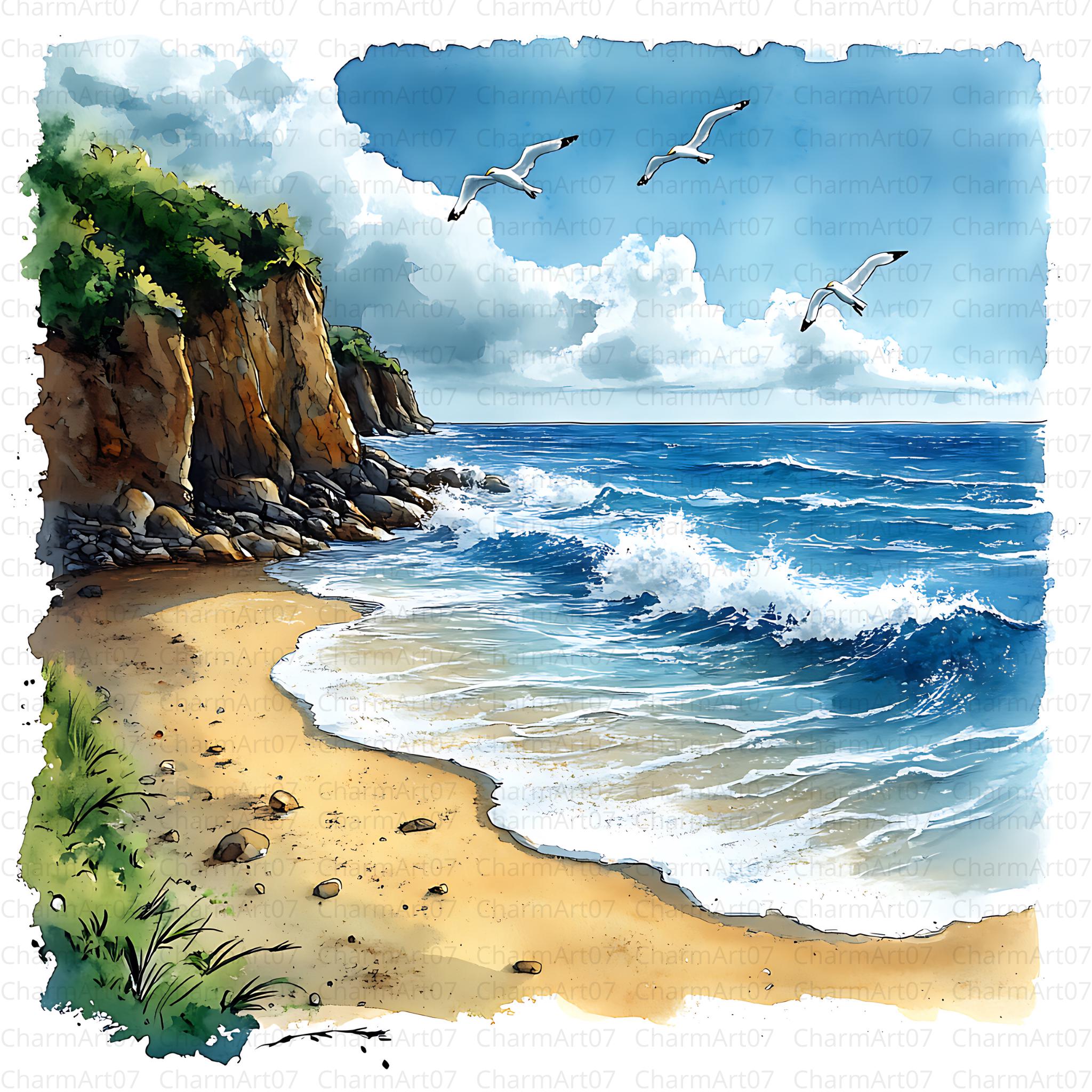 30 Coastal Beach Ocean Clipart, Sea Clipart, Printable Watercolor, High ...