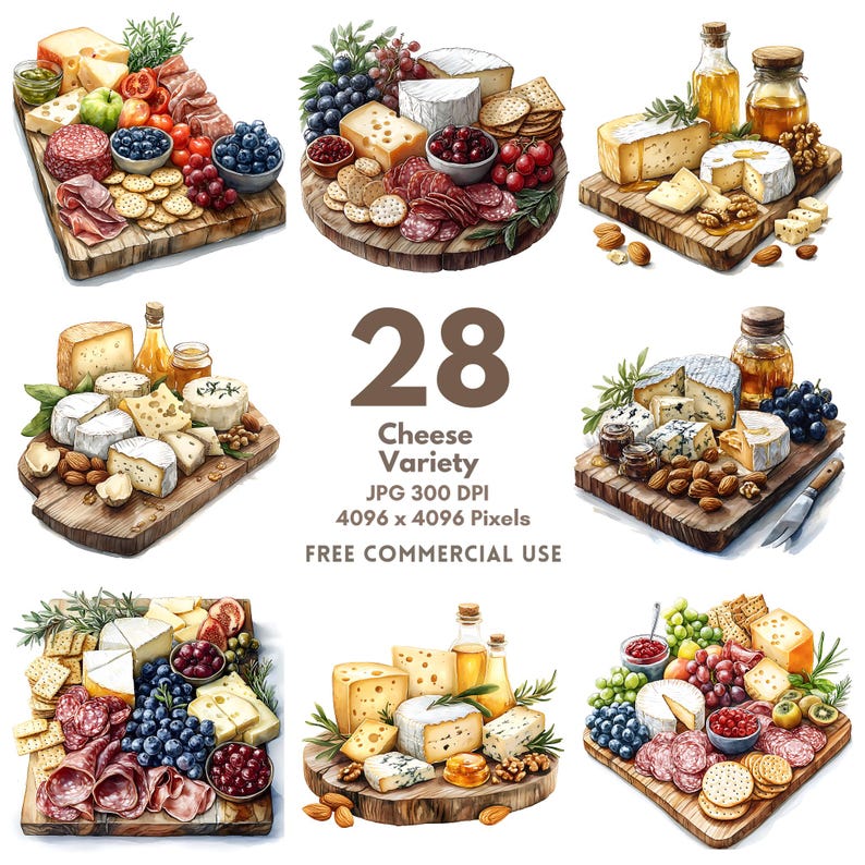 Cheese Plate Watercolor Clipart: Gourmet Charcuterie Art (JPG) - Etsy