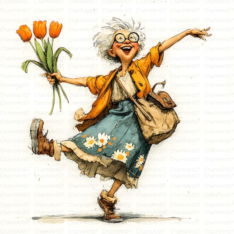 Quirky Grandma Clipart: Watercolor Flower Old Lady Art (JPG, Commercial ...